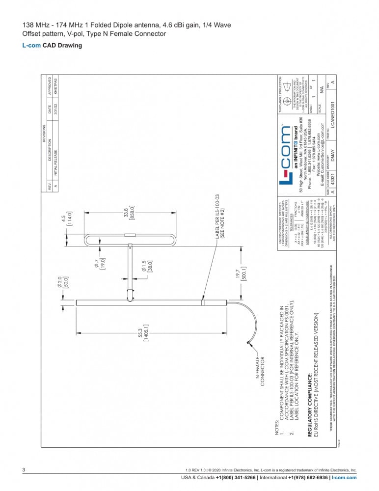 LCANED1001 mechanical drawing and compliance notes