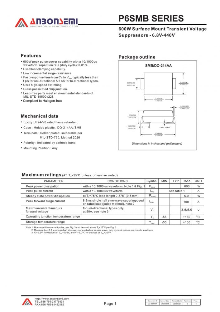 P6SMB series datasheet page 1