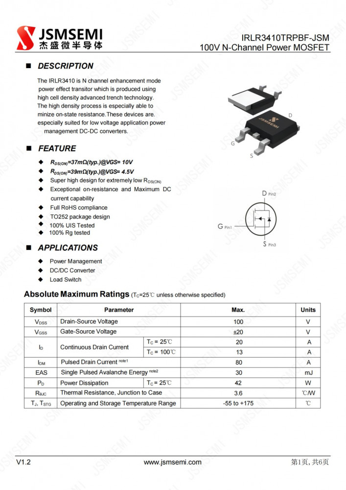 IRLR3410TRPBF-JSM datasheet page 1