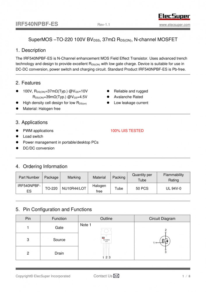 IRF540NPBF-ES datasheet page 1