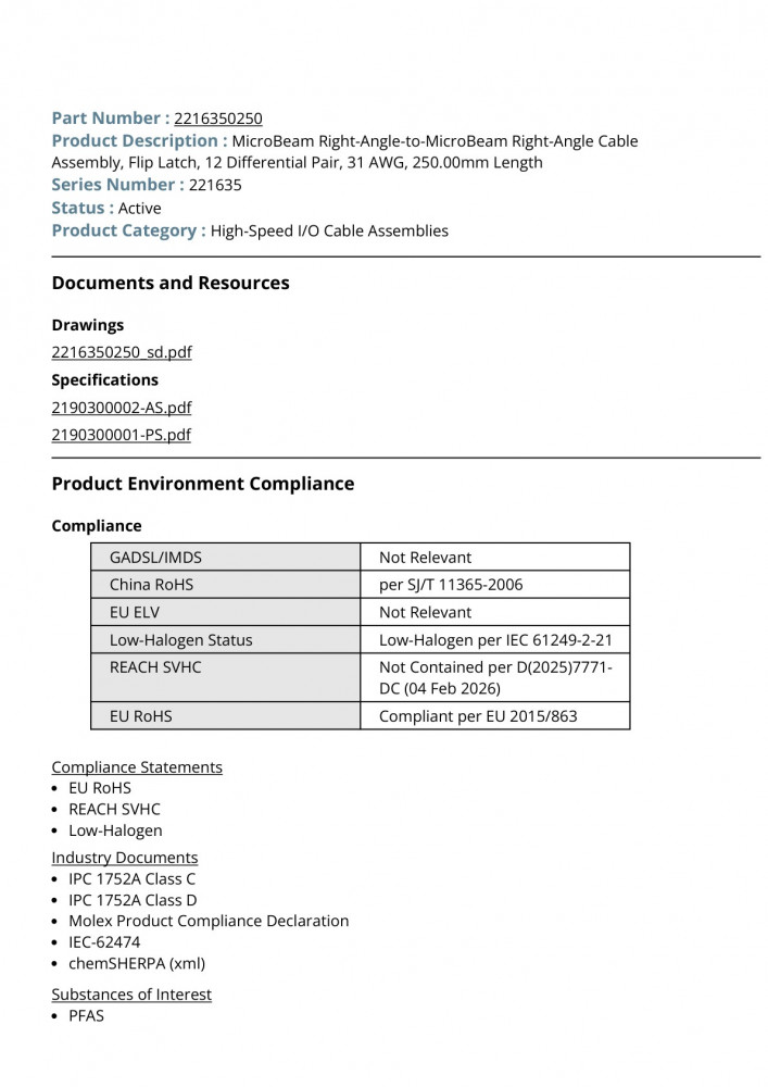 Technical document image 1 for MOLEX 2216350250
