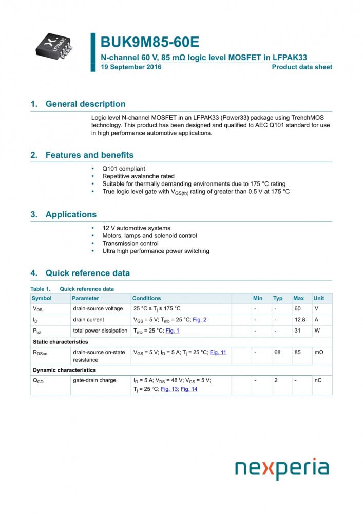 BUK9M85-60EX datasheet page 1