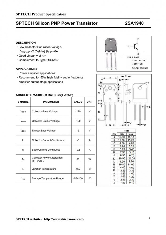 SPTECH 2SA1940 datasheet page 1