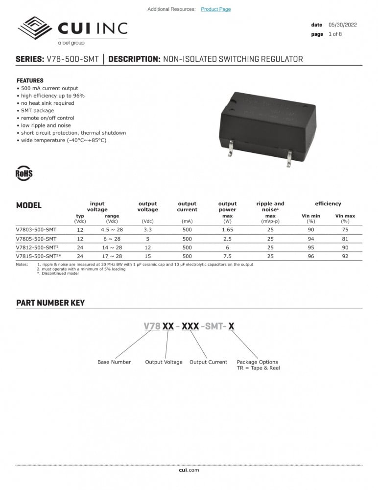 CUI V7815-500-SMT-TR datasheet page 1