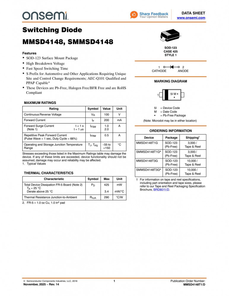 MMSD4148T1G technical document page 1
