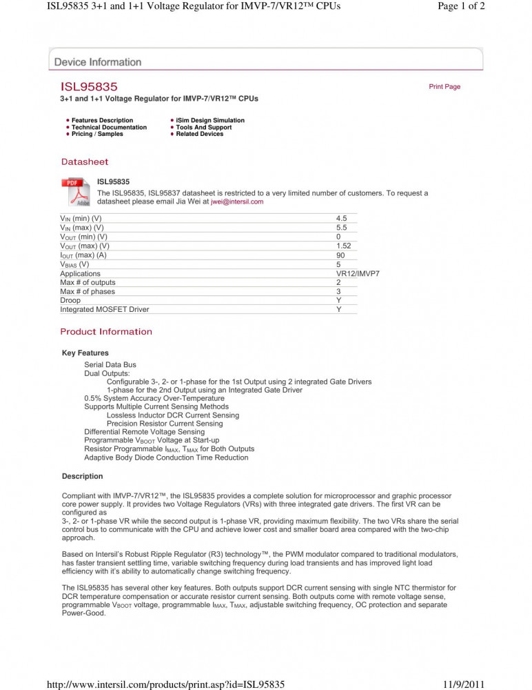 ISL95835HRZ technical document page 1