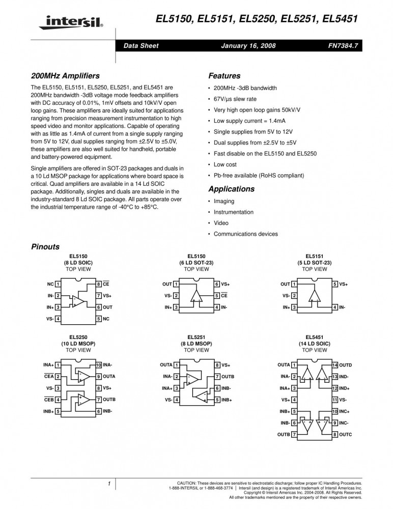 EL5150IS datasheet page 1