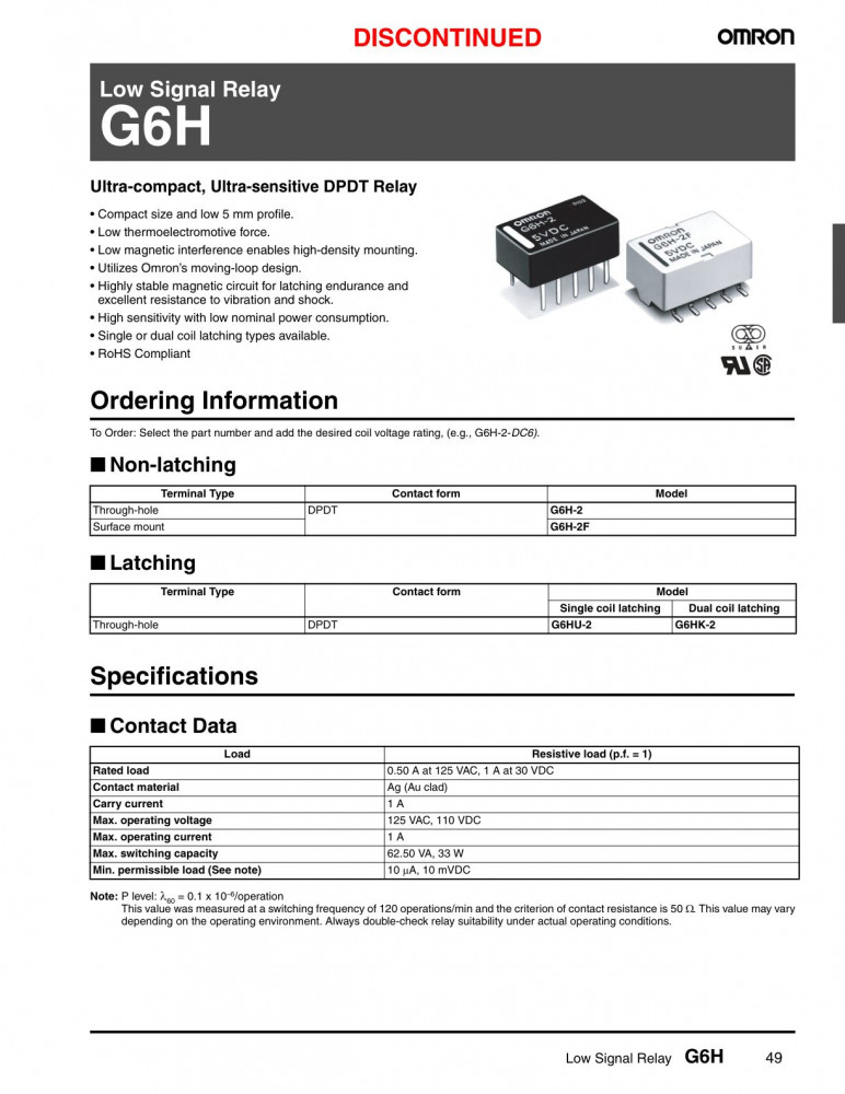 OMRON G6H datasheet page 1