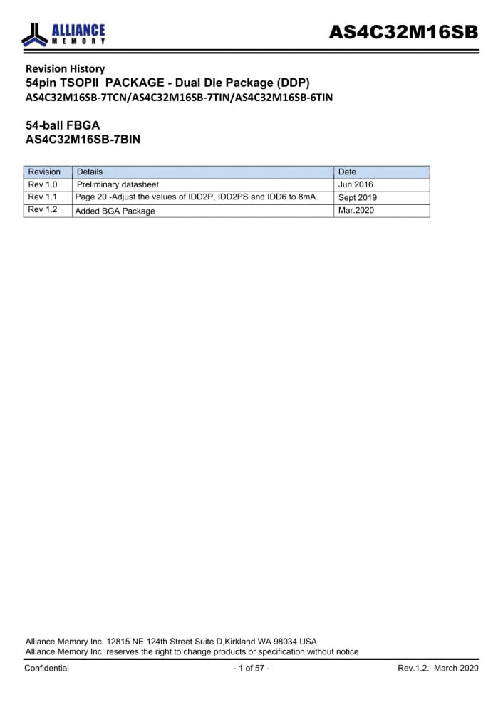 AS4C32M16SB datasheet page 1