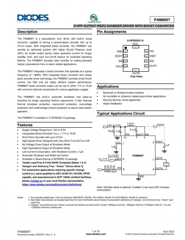 PAM8907SB10-7 technical document page 1