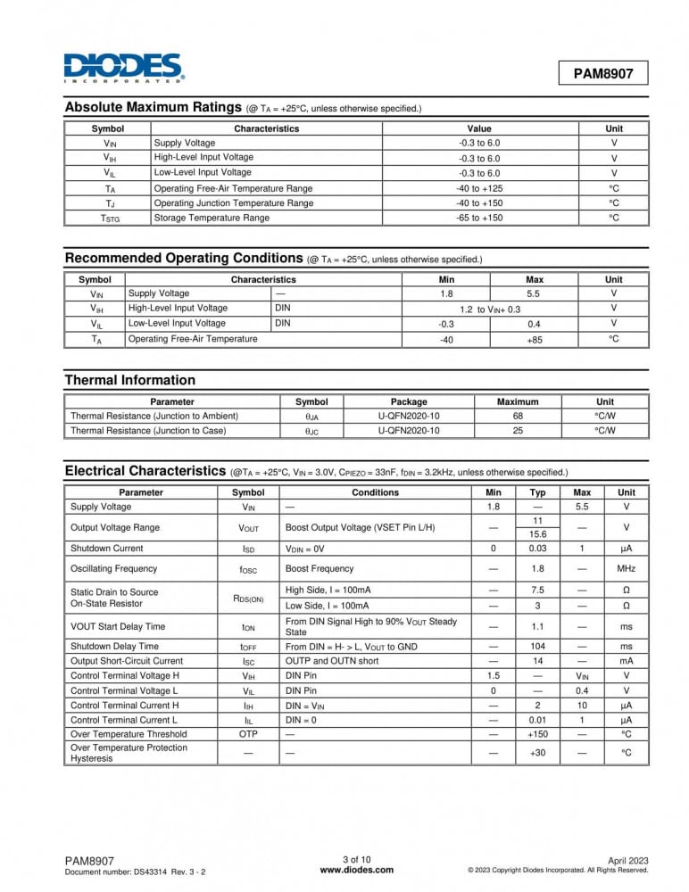 PAM8907SB10-7 technical document page 3