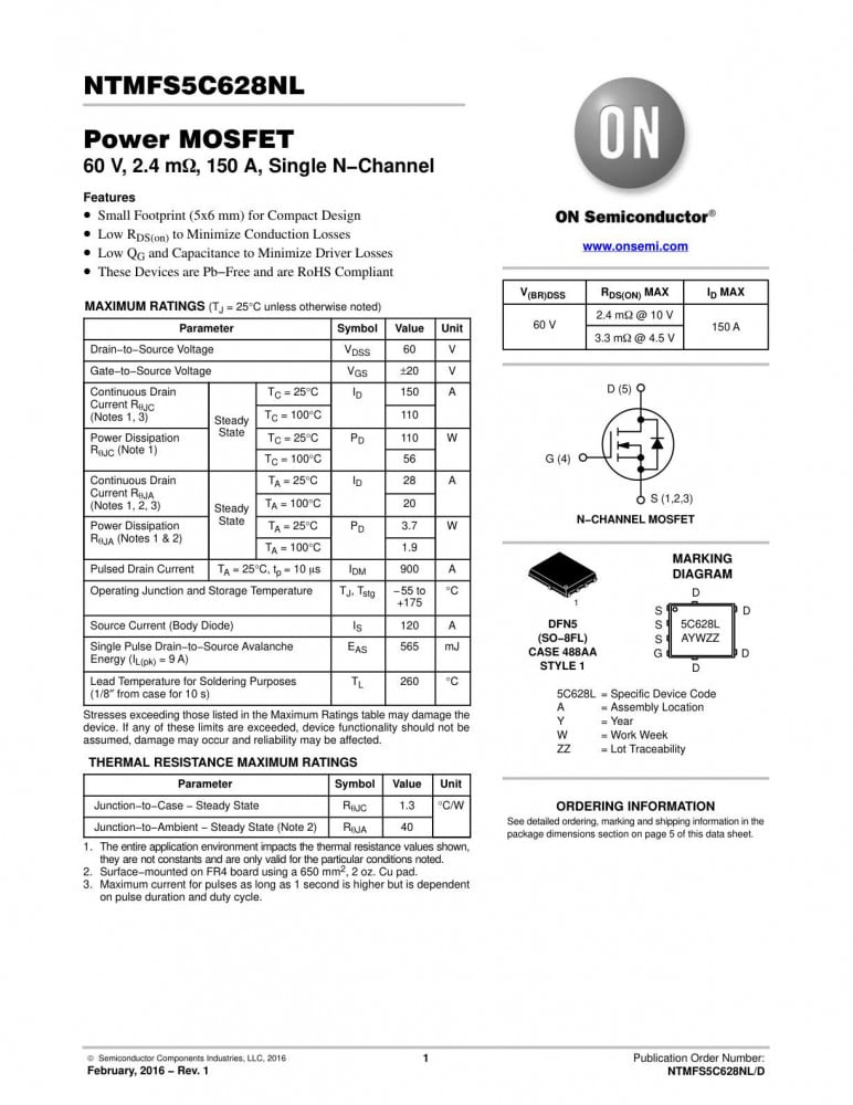 NTMFS5C628NLT1G datasheet page 1
