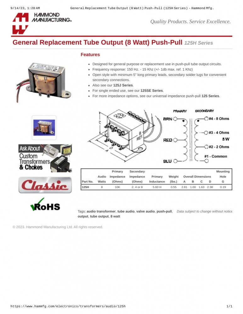 Hammond 125H technical document