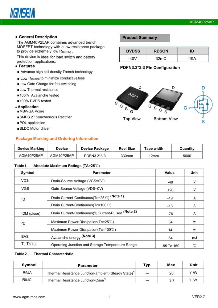 AGM40P25AP datasheet page 1