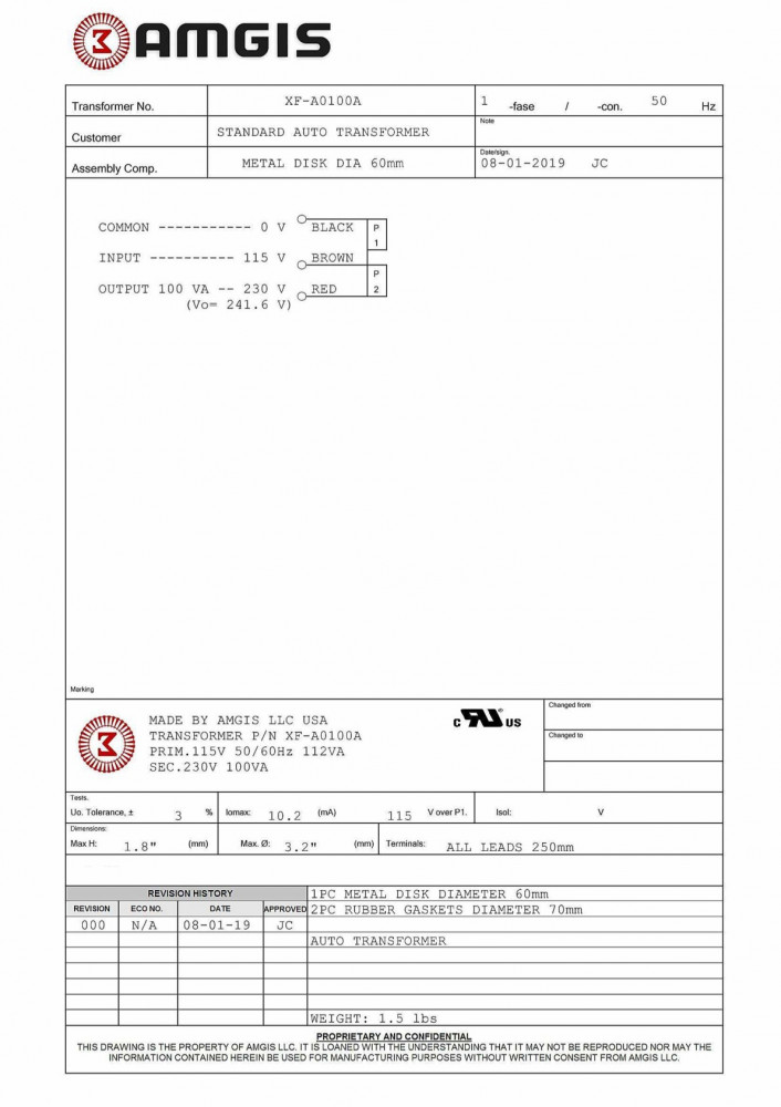 Amgis XF-A0100A standard auto-transformer drawing and marking