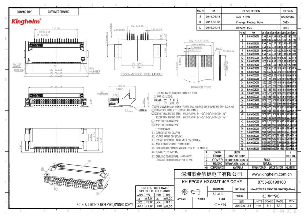 Kinghelm KH-FPC0.5-H2.0SMT-40P-QCHF technical drawing