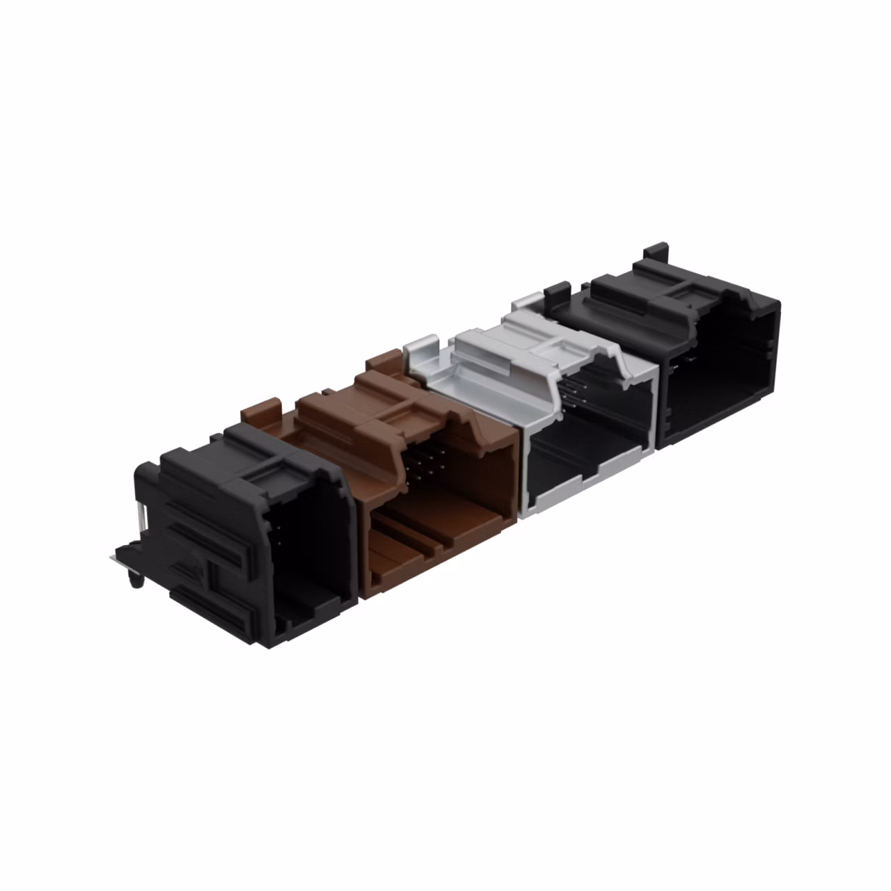 Stac64 4 Bay Right-Angle Headers, 76 Circuits, Bay A 8 Circuit Signal Header, Polarization A, Black; Bay B 20 Circuit Signal Header, Polarization C, Brown; Bay C 20 Circuit Signal Header, Polarization B, Gray; Bay D 10 Circuit Power Header, Polarization A, for sale