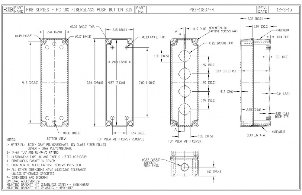 PBB-11837-4 enclosure drawing and product views