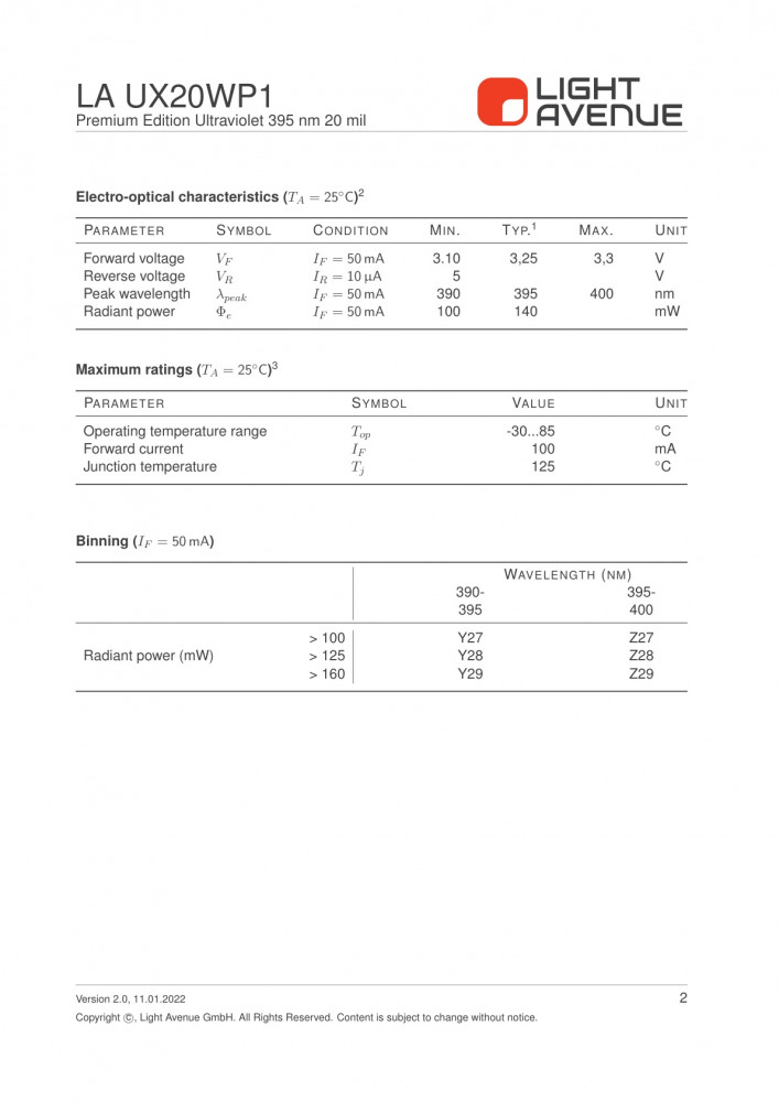 LA UX20WP1 datasheet page 2