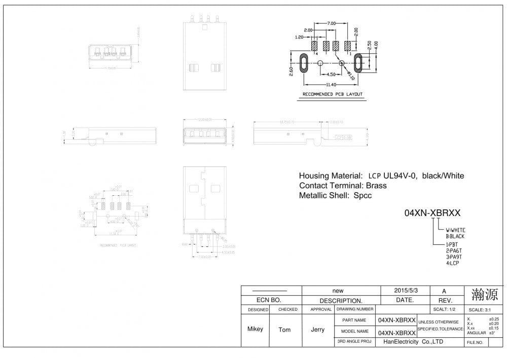 HanElectricity connector technical drawing for 041N-1WR85