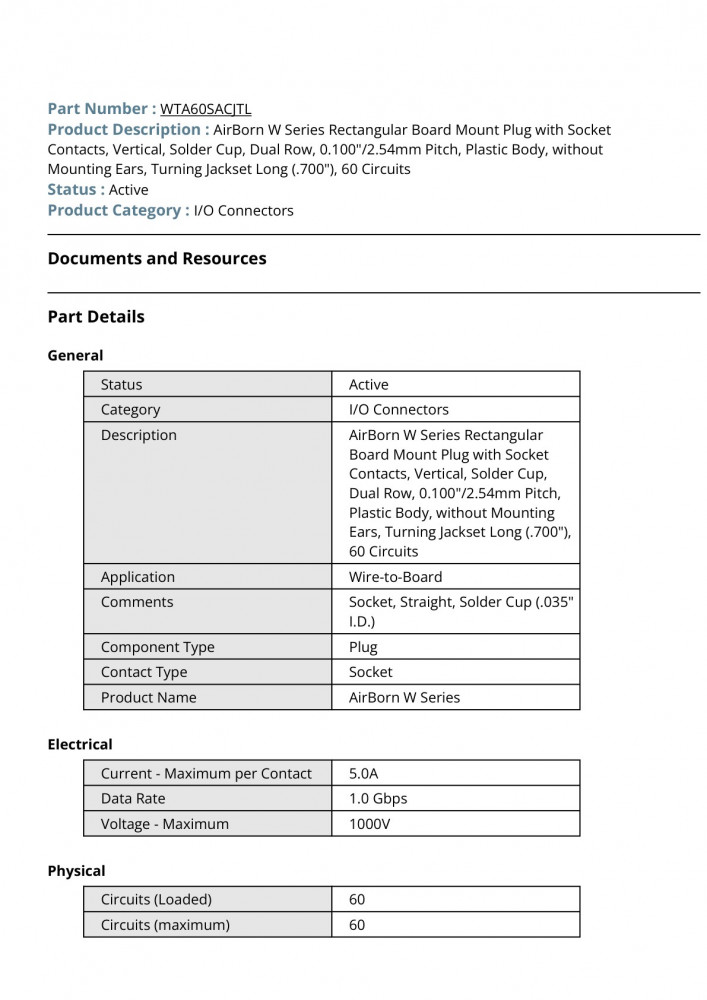 WTA60SACJTL technical document page 1