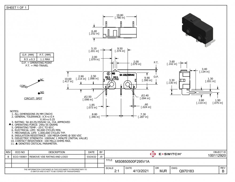E-Switch MS0850500F295V1A technical drawing page