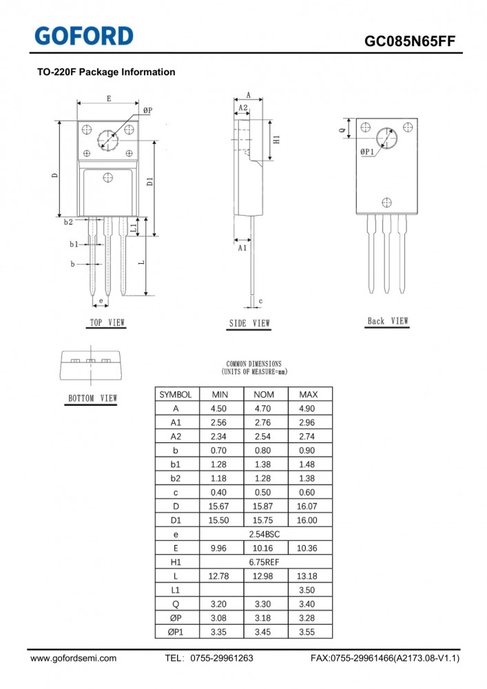 GC085N65FF TO-220F package drawing
