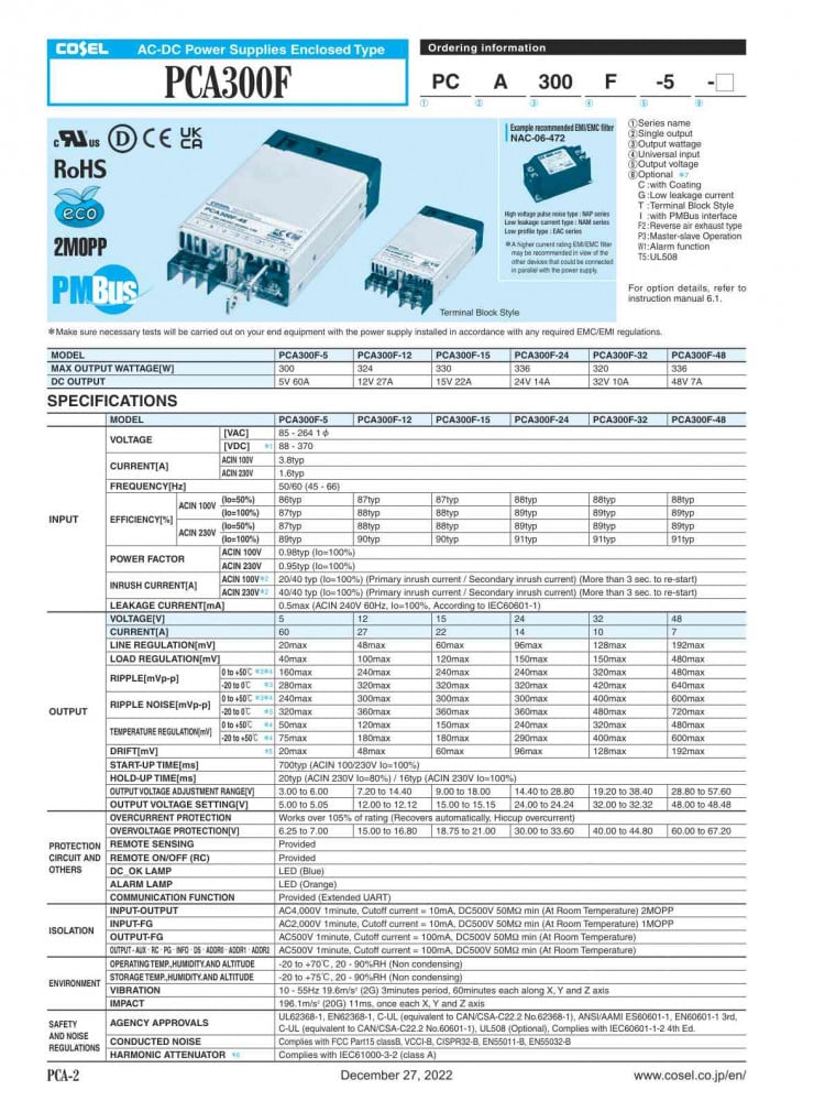 Cosel PCA series datasheet page 2