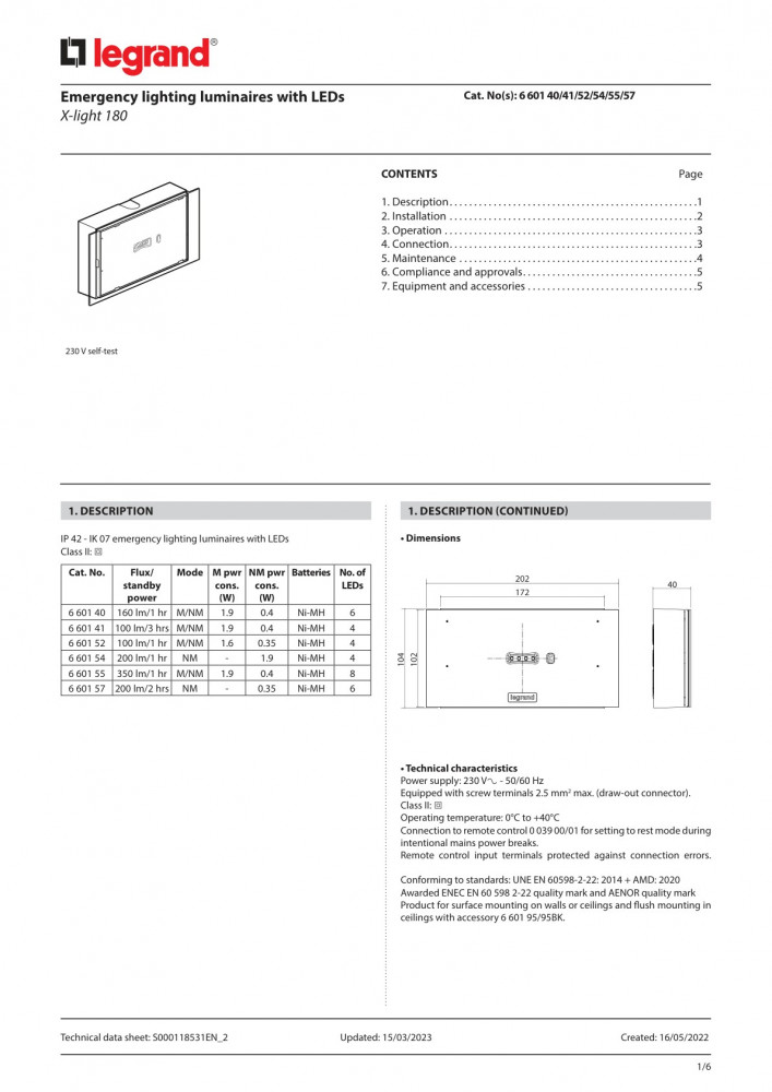 Legrand emergency luminaire documentation, page 1