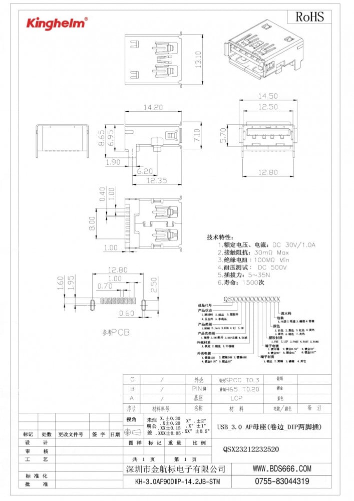 Kinghelm KH-3.0AF90DIP-14.2JB-STM technical drawing