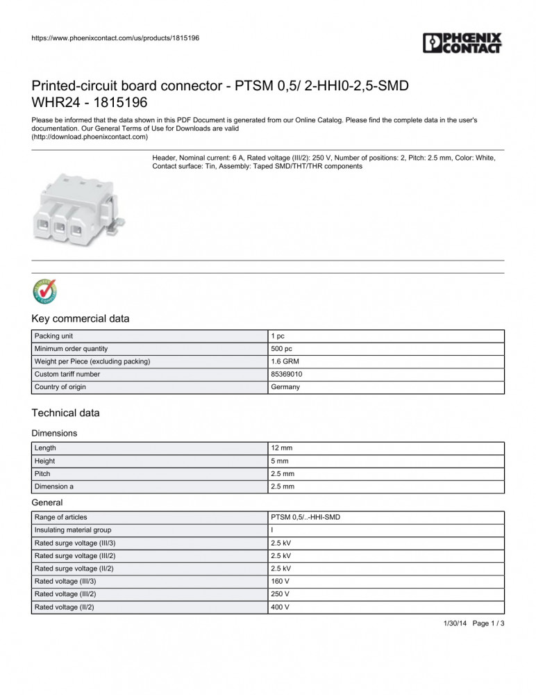 Phoenix Contact 1815196 product catalog page