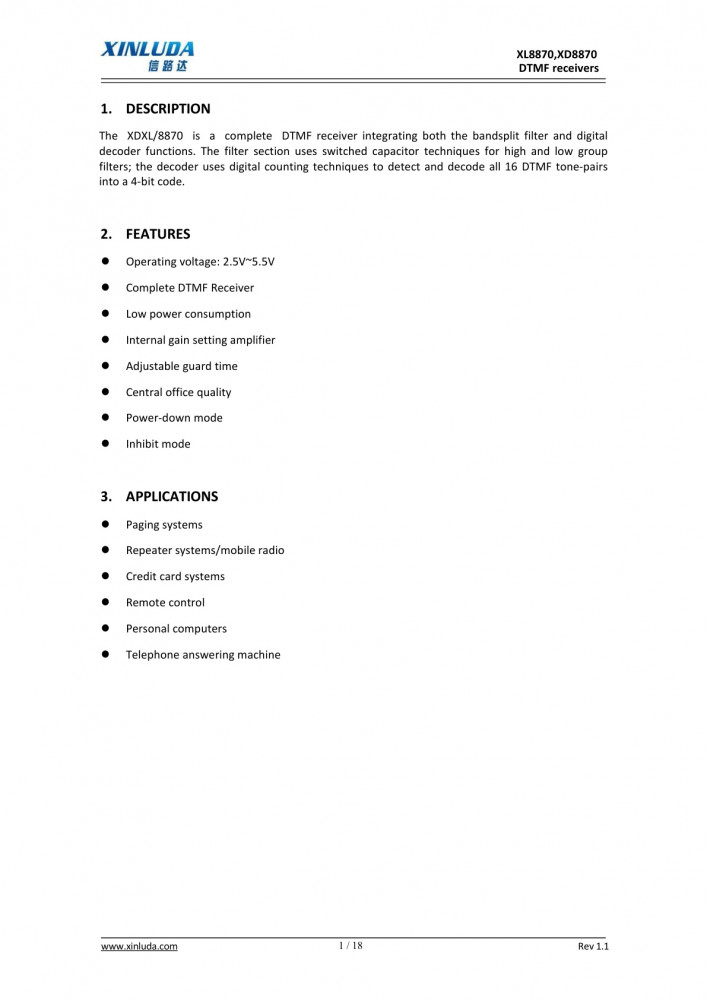 XD8870 datasheet page 1