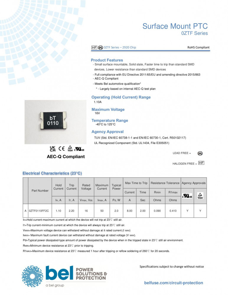 Bel Fuse 0ZTF Series datasheet page 1