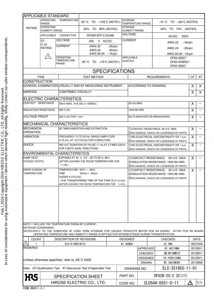 HRS DF62B-2S-2.2C(11) specification sheet