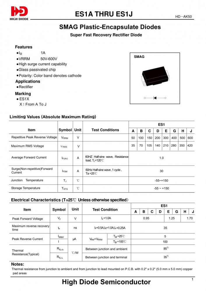 ES1J datasheet page 1