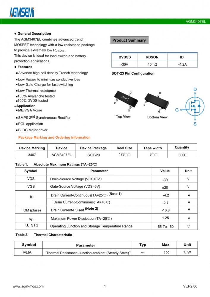 AGM3407EL datasheet page 1