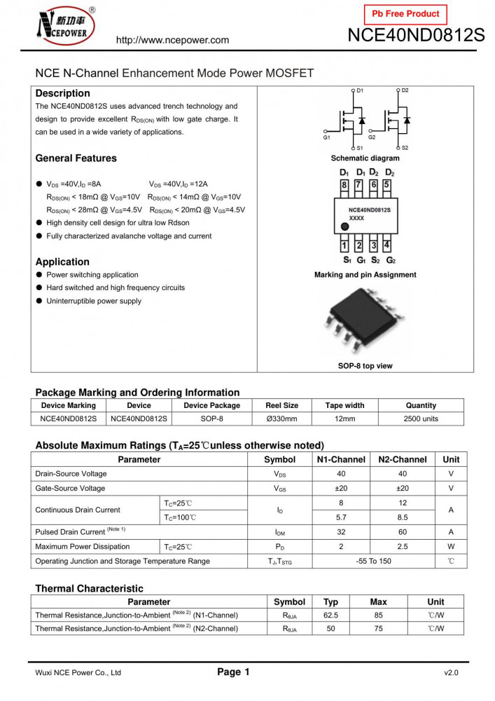 NCE40ND0812S datasheet page 1
