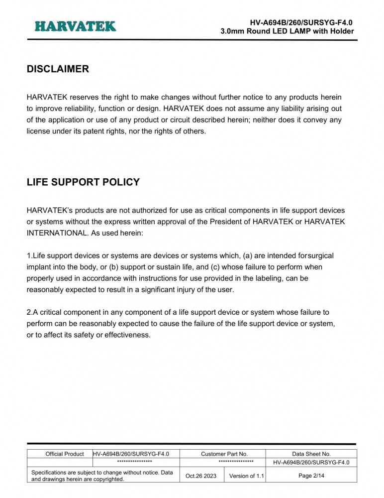 HV-A694B/260/SURSYG-F4.0 datasheet page 2