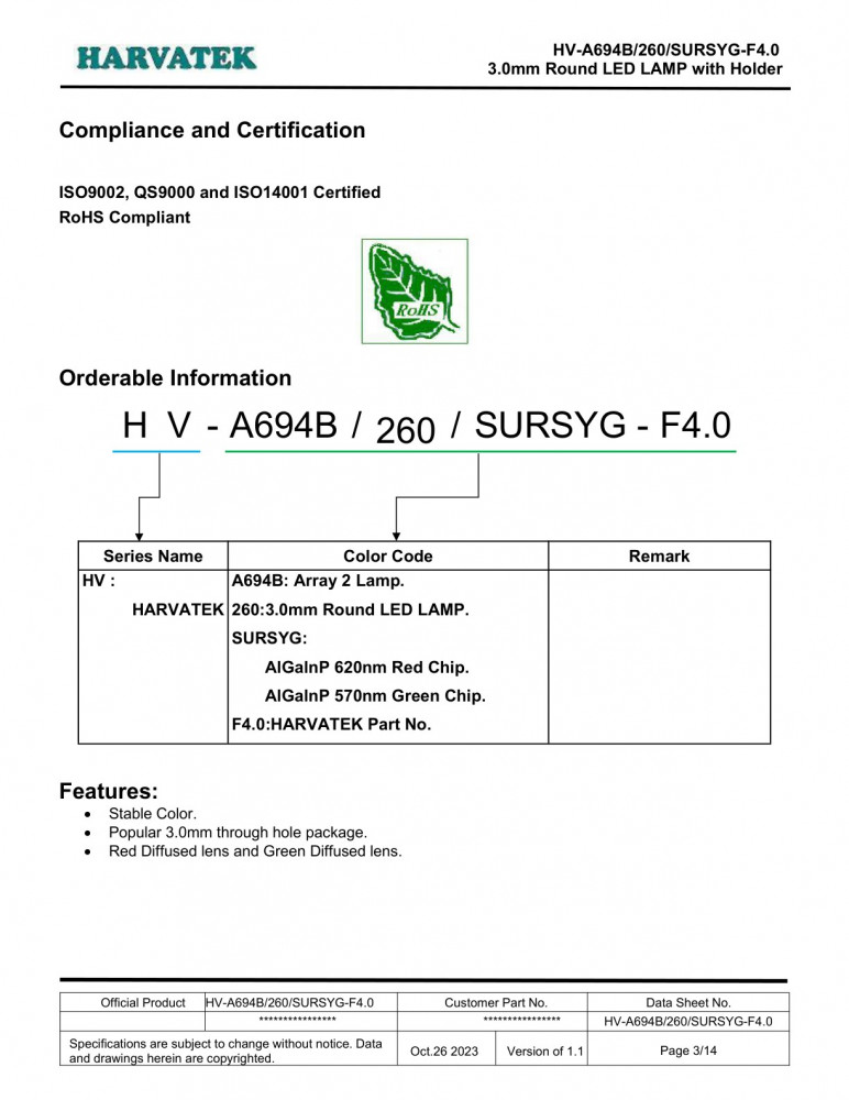 HV-A694B/260/SURSYG-F4.0 datasheet page 3