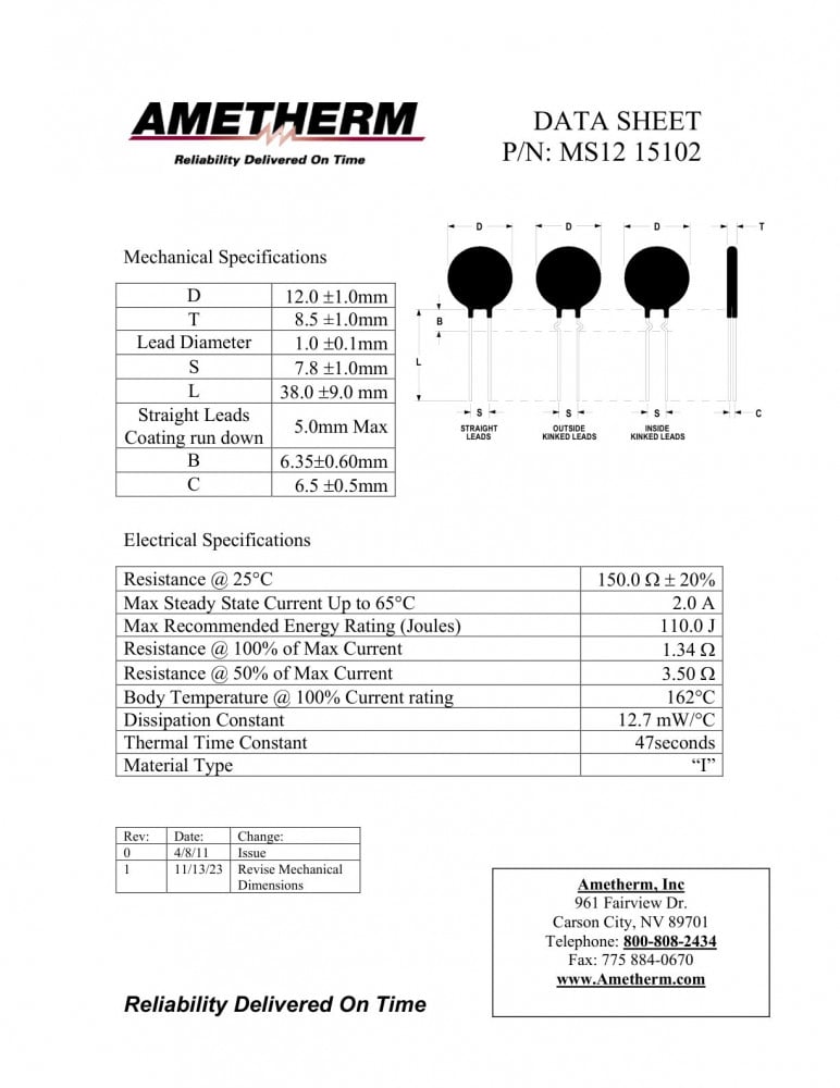 Ametherm MS12 15102 technical document preview