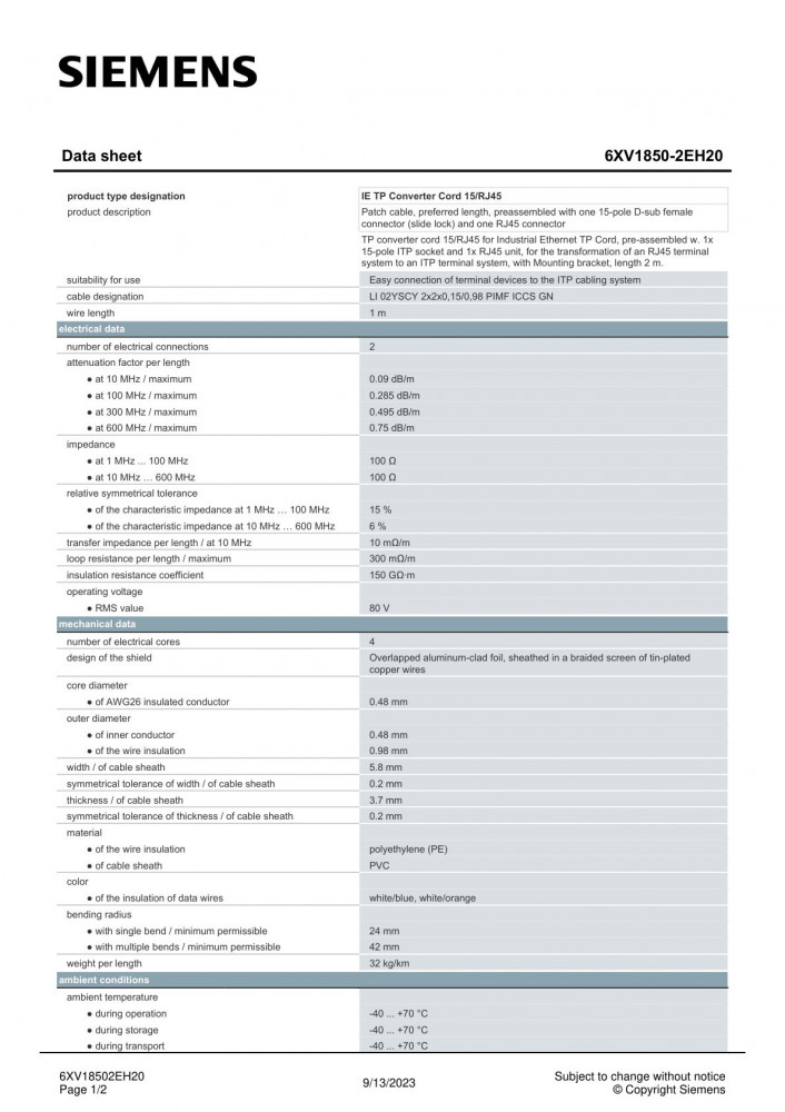 SIEMENS 6XV18502EH20 datasheet page 1