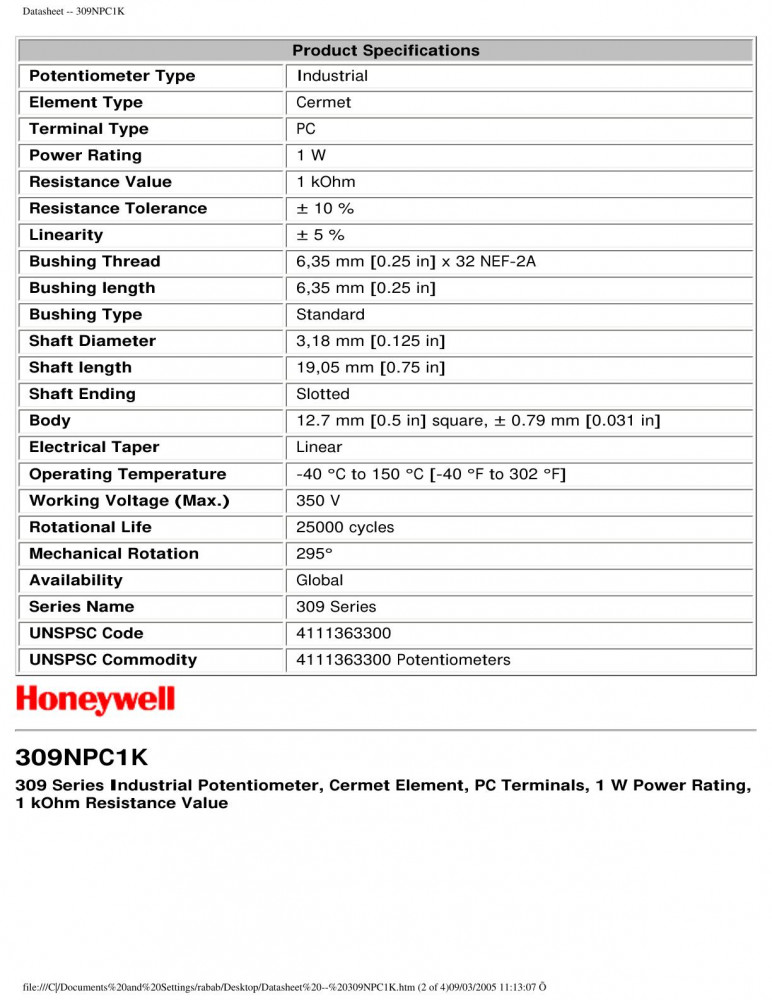 Honeywell 309NPC1K technical document page 2