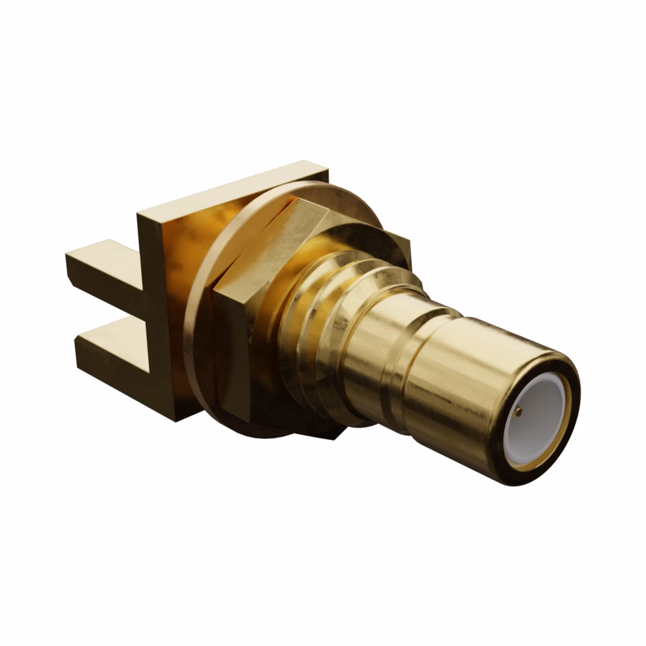 SMB Jack, Straight, Bulkhead Receptacle, PCB, Edge Mount, Brass Body, Gold (Au) Plated, 50 Ohms for sale