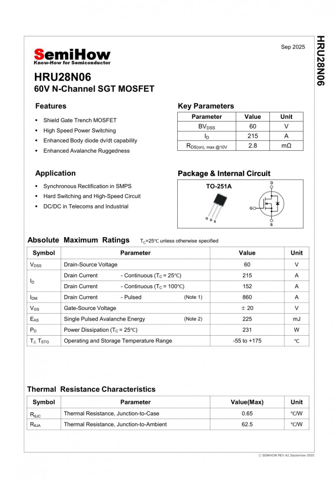 HRU28N06 datasheet page 1