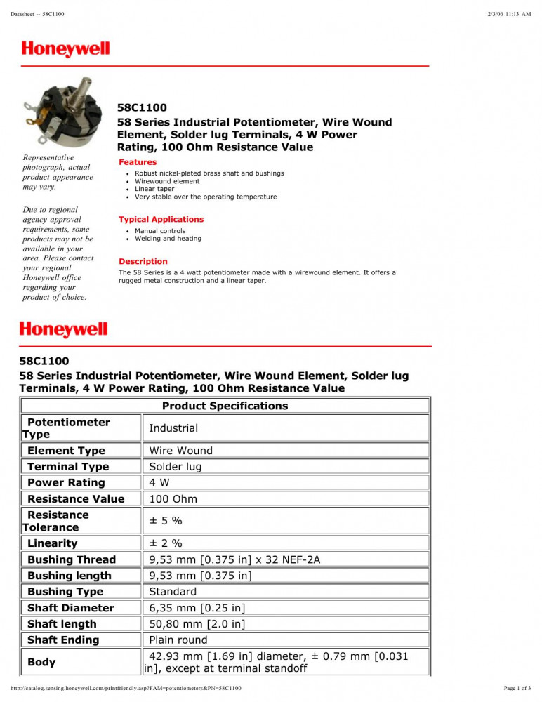 Honeywell 58C1100 technical document page 1