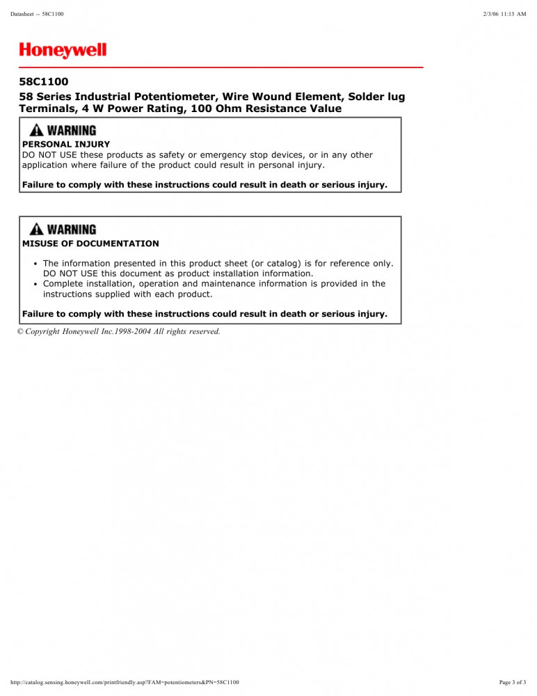 Honeywell 58C1100 technical document page 3
