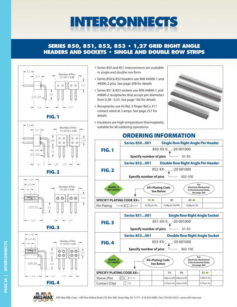 Mill-Max Series 850, 851, 852 and 853 right-angle headers and sockets technical document