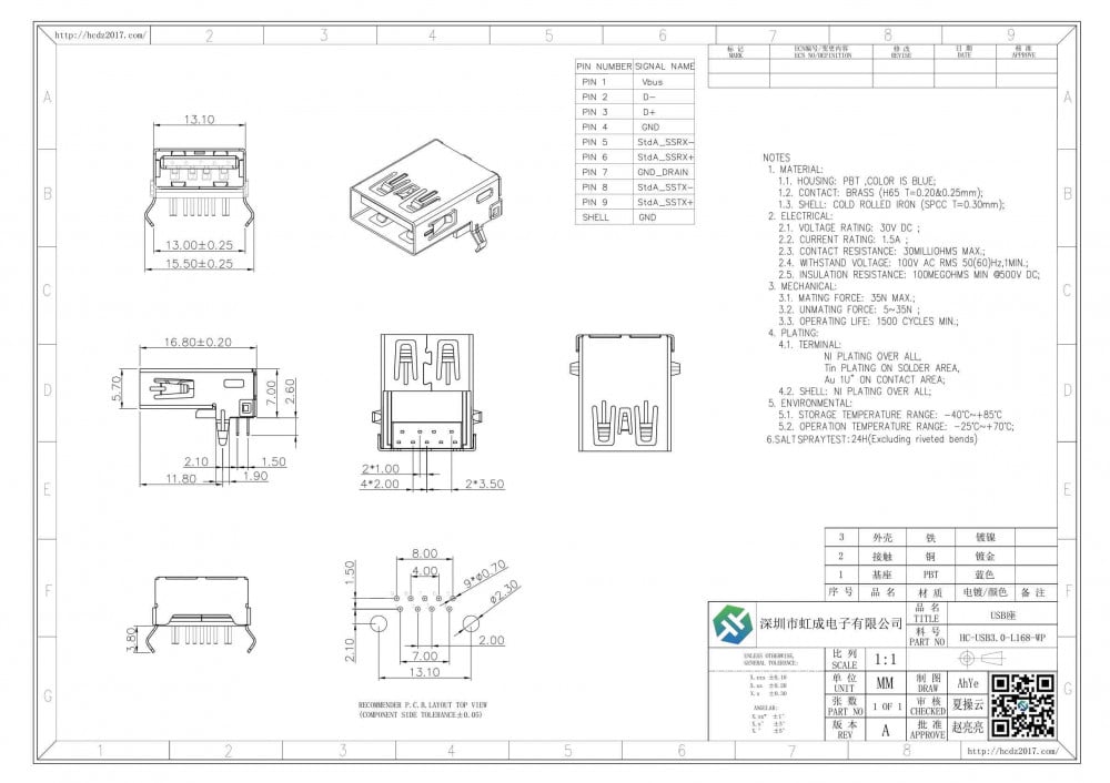 HC-USB3.0-L168-WP technical drawing