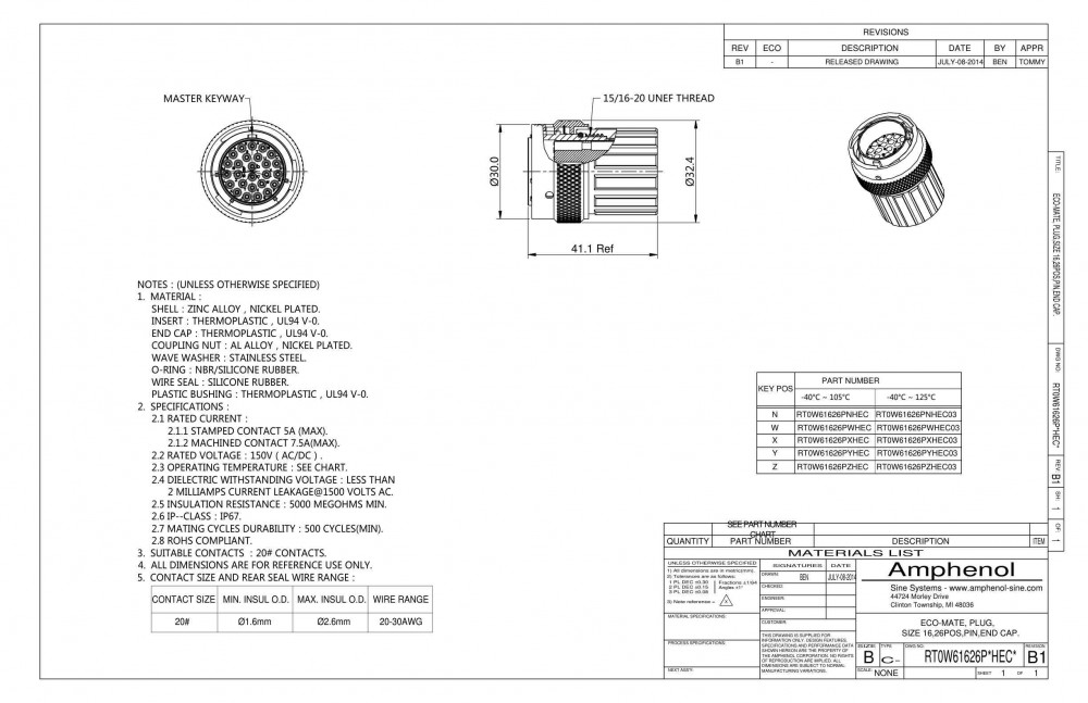 Amphenol RT0W61626PNHEC03 technical drawing preview