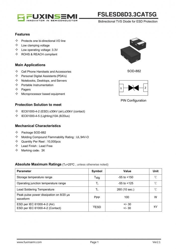 FSLESD8D3.3CAT5G datasheet page 1